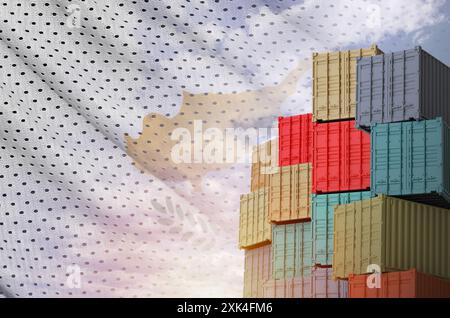 Cyprus flag and big stack of shipping cargo containers in docks with ...