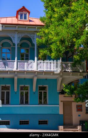 Traditional ornamental oriel windows, balconies in the streets of ...