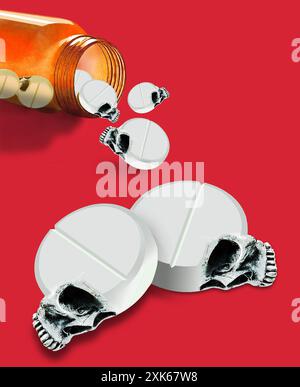 Fentanyl pills shaped like human skulls spill out of a pill bottle in ...