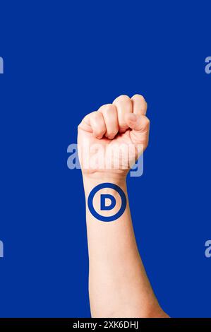 Raised fist democratic party logo white background Stock Photo - Alamy
