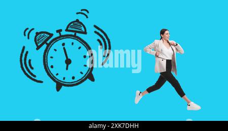 Businesswoman running away from alarm clock on pink background. Time ...