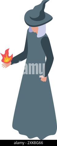 Isometric illustration of a powerful witch holding fire in her hand ...