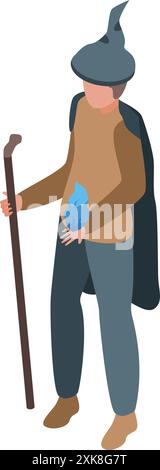 Medieval fantasy character wizard holding magic staff and blue fireball ...