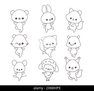 Cute cartoon bear cubs line art drawing set. Black and white outline ...