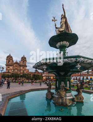 Cusco, Peru: Inco emperor topped fountain in the middle of the plaza de ...