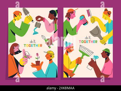 Set of posters with multicultural team of young people flat vector ...