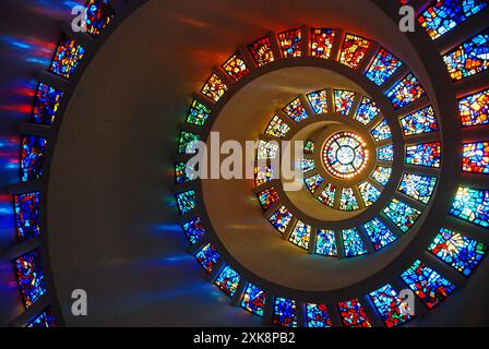 The Circular and spiraling Stained Glass window on the ceiling of the ...