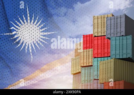 Marshall Islands flag and big stack of shipping cargo containers in ...