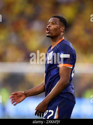 MUNICH, GERMANY - JULY 02: Denzel Dumfries of Netherlands runs with a ...