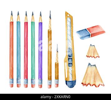 watercolor school crayons set, pencil illustration. School supplies ...