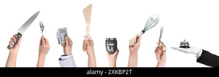 Different professions. Many various tools in people's hands isolated on ...