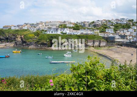View from Roscarrock Hill over Port Isaac village and harbour Cornwall ...