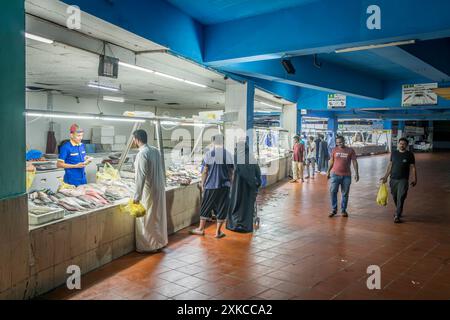 The seafood stalls at Jeddah fish market with fresh lobsters and fish ...