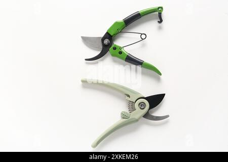 Different secateurs on white background Stock Photo - Alamy