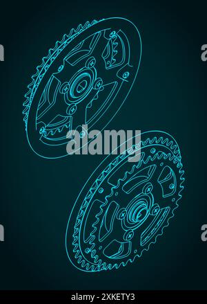 Stylized vector illustration of isometric technical drawings of a ...