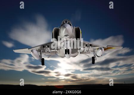 a fighter jet approaching from the setting sun Stock Photo - Alamy