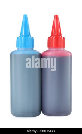Bottles of different printer ink isolated on white Stock Photo - Alamy