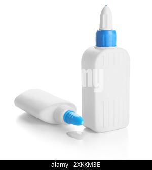 Bottle with spilled glue on white background Stock Photo - Alamy