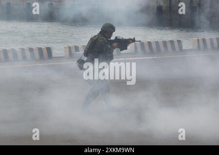 Soldiers take part in simulation training during the annual civil ...