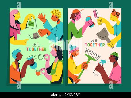 Set of posters with multicultural team of young people flat vector ...