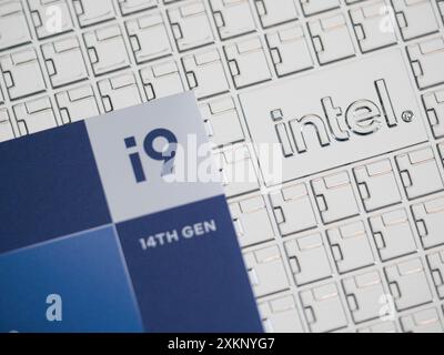Intel logo on an Intel Core 14th gen i9-14900K processor case Stock ...