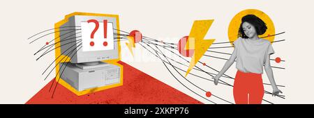 Composite collage image of panorama confused old woman monitor computer ...