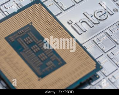 Intel logo on an Intel Core 14th gen i9-14900K processor case, focus on ...