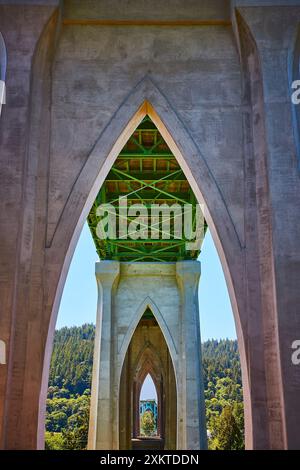 Geometric Cathedral Arches of St Johns Bridge with Forest View Stock ...
