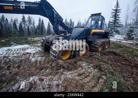 Ponsse Ergo forest harvester at clear cutting area , Finland Stock ...
