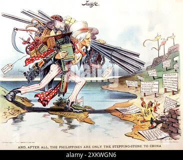 Satirical cartoon in 'Judge': 'The Philippines, 1st stopover point ...