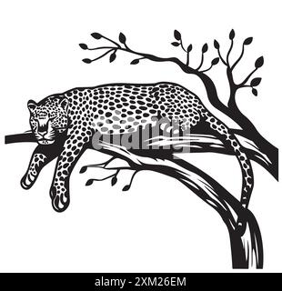 Vector illustration of a leopard or jaguar lying on a tree in a cartoon ...
