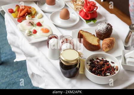 Classic hotel breakfast with various choice of food, eggs, cereals ...