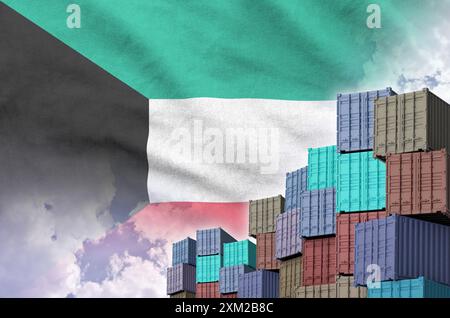 Kuwait flag and big stack of shipping cargo containers in docks with ...