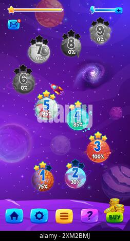 Space game ui level map with shuttle flying at alien planets. Arcade with spaceship, rocket ...