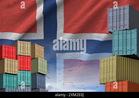 Norway flag and big stack of shipping cargo containers in docks with ...