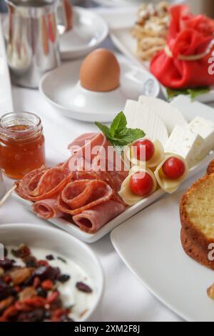 Classic hotel breakfast with various choice of food, eggs, cereals ...