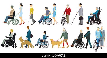 Group of people with disabilities and walking aids, isolated Stock ...