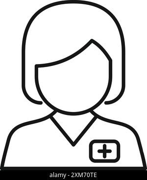 Female medical professional wearing a badge is depicted in simple line ...