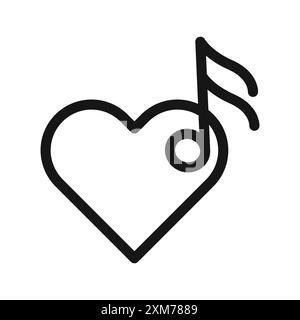 Heard heart note icon Black line art vector in black and white outline ...