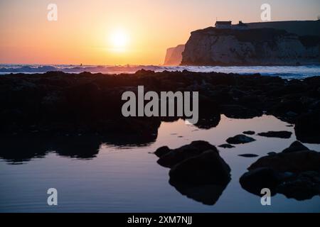 Freshwater Bay in a low sun from the caves with vibrant colours over ...