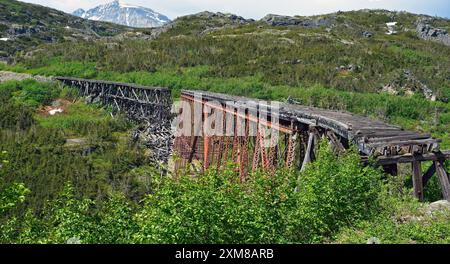 Old abandoned and collapsed railroad bridge along White Pass in Alaska ...