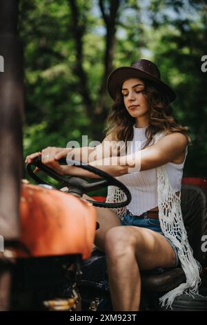 Woman tractor farmer hat rural agriculture smile red field boot Stock ...