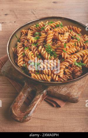 Pasta in navy, pasta with minced meat, gray background, homemade ...