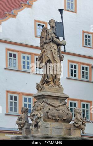 Sculpture at the Schellenbrunnen, trumpet, holding, coat of arms, free-standing, main market ...