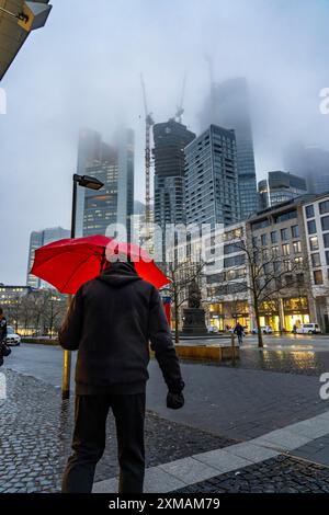 Rainy weather, freezing rain, Goetheplatz, high-rise skyline in clouds ...