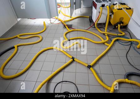 Water damage restoration, dehumidification, after flooding of a ...