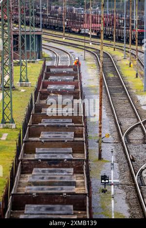 Goods train with steel slabs at the Muelheim-Styrum marshalling yard ...