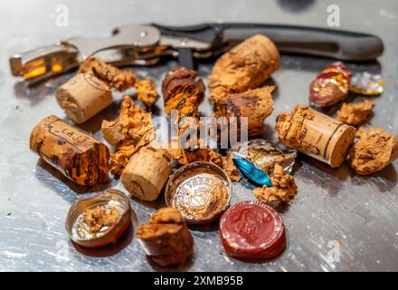 Wine cork, extracted from old, overaged wine bottles, partly crumbly ...