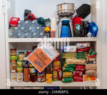 Emergency preparedness, food stock in a private household, shelf with ...