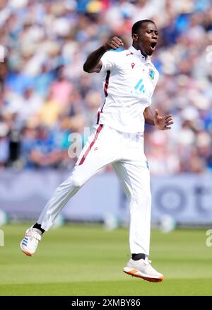 West Indies' Shamar Joseph celebrates after taking catch to dismiss ...